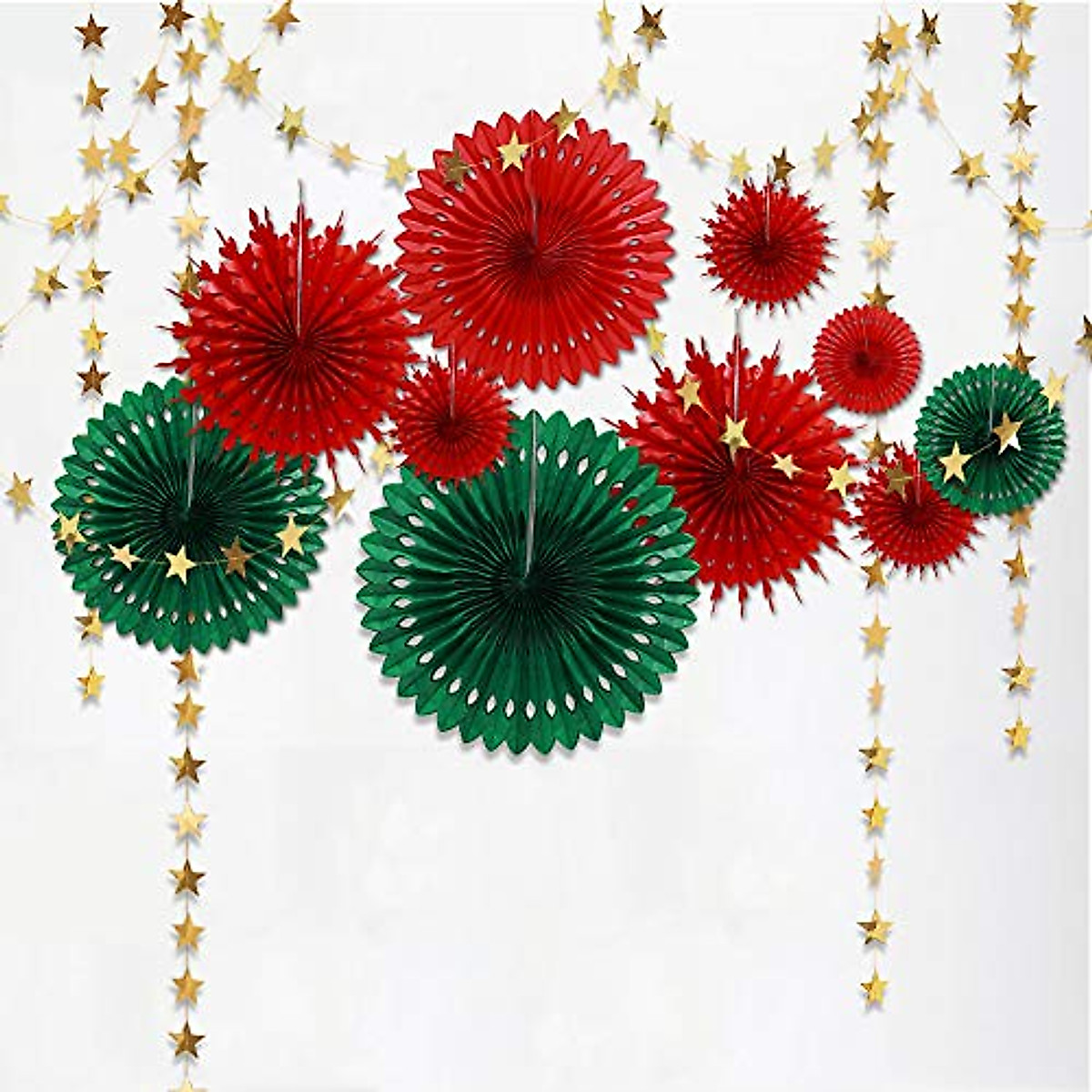 Decor365 Red Green Christmas Party Decoration Kit Hanging Decor Tissue Paper Fan Pompom Gold Star Garland Streamer Backdrop Background for Xmas Birthday Wedding Baby Shower