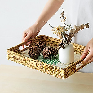 I-lan 15" Rectangular Rattan Woven Tray Basket with Mother of Pearl Inlay Wooden Base and Handles, Handmade Wicker Coffee Table Décor Serving Tray with 1.6" Wall, Handmade Decorative Display Basket