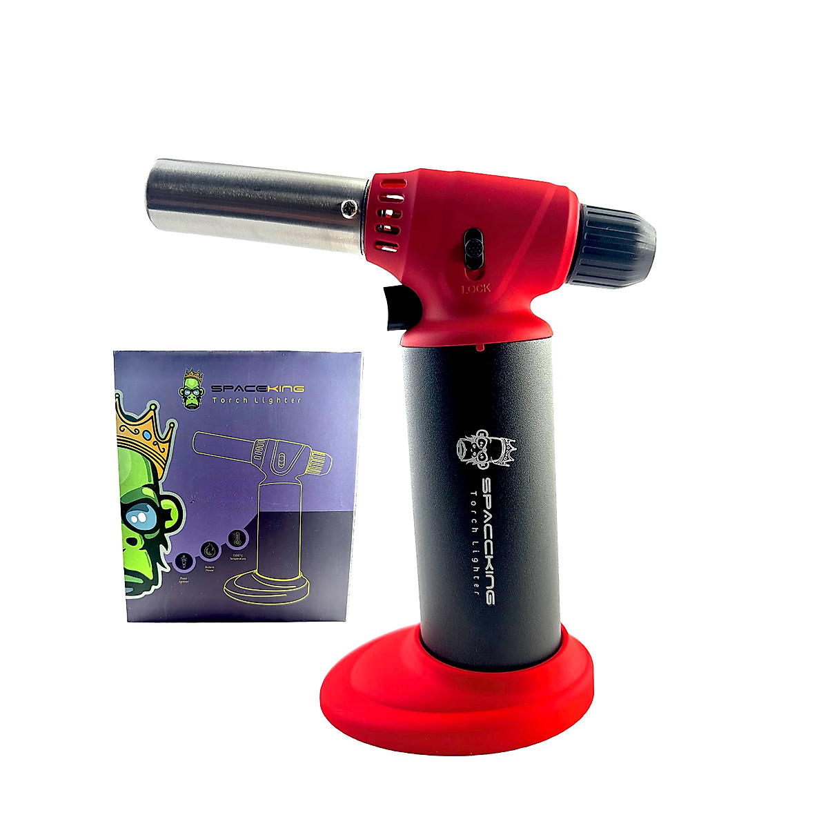 Space King Tall Wind-Proof Torch Lighter - Adjustable Flame - Child-Lock - Perfect for Camping, Kitchen, Backyard, Travel, Beach, BBQ, Mountain, Outdoors, Travel, Garage, and More. (Red)