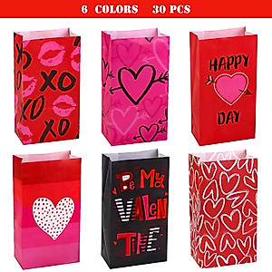 ECOptimize Pink Red Party Favor and Wrapped Treat Bags - 6 Design (30 Ct, Heart Design) Small Gift Bags for Valentines Day, Birthday, Baby Showers, Crafts and Care Packages, May Day