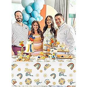 Lopeastar 3 Pieces Here Comes The Son Baby Shower Decorations Tablecloths, Large Size 54 x 108 Inch Rectangular Plastic Boho Sun Party Table Cover, Sunshine Table Cloths for Boys Kids