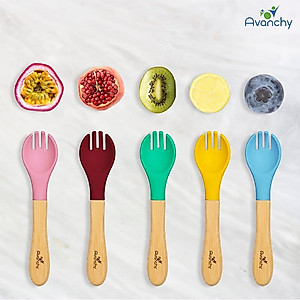 Avanchy Baby Fork Set, Bamboo and Silicone Spork Utensils, Toddler Baby Led Weaning Silverware Cutlery Flatware, Kids First Self Feeding, 2 Pack, White