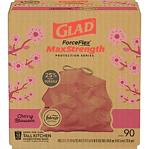 GLAD ForceFlexPlus Tall Kitchen Drawstring Trash Bags, 13 Gallon Pink Trash Bag for Kitchen Trash Can, Cherry Blossom Febreze Freshness and Leak Protection, 90 Count