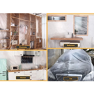 Muf 9 x 65 Feet Plastic Drop Cloth Plastic Sheeting with Masking Tape,Waterproof Protective Masking Film,Prevent Dust Paint for Car,Furniture,Carpet,Floor,1 Pack