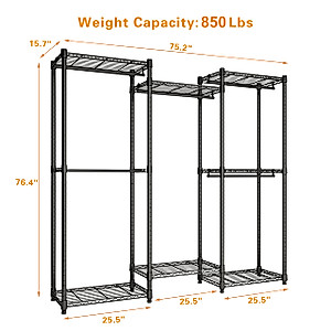 Tophorse T3 Portable Closet Clothes Rack, Heavy Duty Clothing Rack with 5 Hang Rods & 7 Shelves, Adjustable Closet Organizers and Storage Wardrobe, 75.2" W x 15.7”D x 76.4”H, Max Load 850LBS