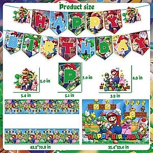 Mario Birthday Party Supplies, Mario Bros Party Decorations Include Banner, Hanging Swirls, Backdrop, Tableware, Cake Toppers, Bottle Labels, Chocolate Stickers