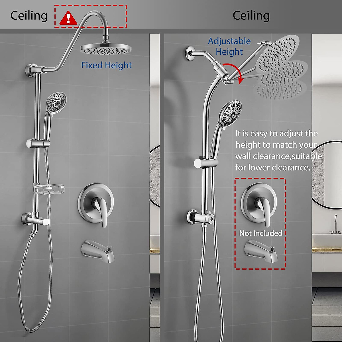 UCLIMAA Rainfall 8 Inch Round Shower Head with High Pressure Handheld Spray Combo, Drill-Free Slide Bar with Adjustable Shower Extension Arm, 3-Way Low Diverter for Easy Reach, 5Ft Hose- Chrome