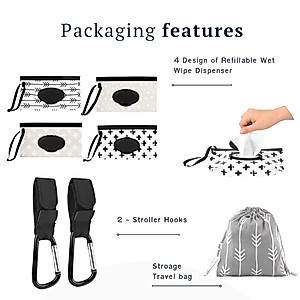 Kiki Babies Portable Wipes container & baby wipes holder 4 -Pc set: Convenient Reusable Wipes Pouch & Travel Wipes Case for On-the-Go Care Refillable Dispenser Includes 2 Stroller Hooks & Bag Gift set