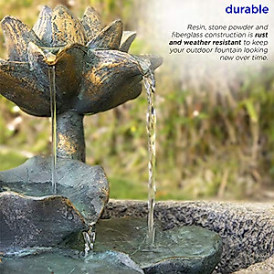 Alpine Corporation 30" Tall Outdoor Pedestal Lotus Rock Waterfall Fountain with LED Lights, Brown/Gray