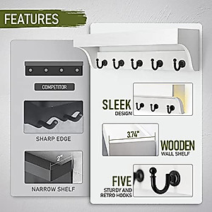 Rebee Vision Key and Mail Holder for Wall with Floating Shelf : Decorative Hanging Organizer with 5 Sturdy Keys Hooks and Wall Mount Key Rack - Farmhouse Entryway Décor (Modern White)