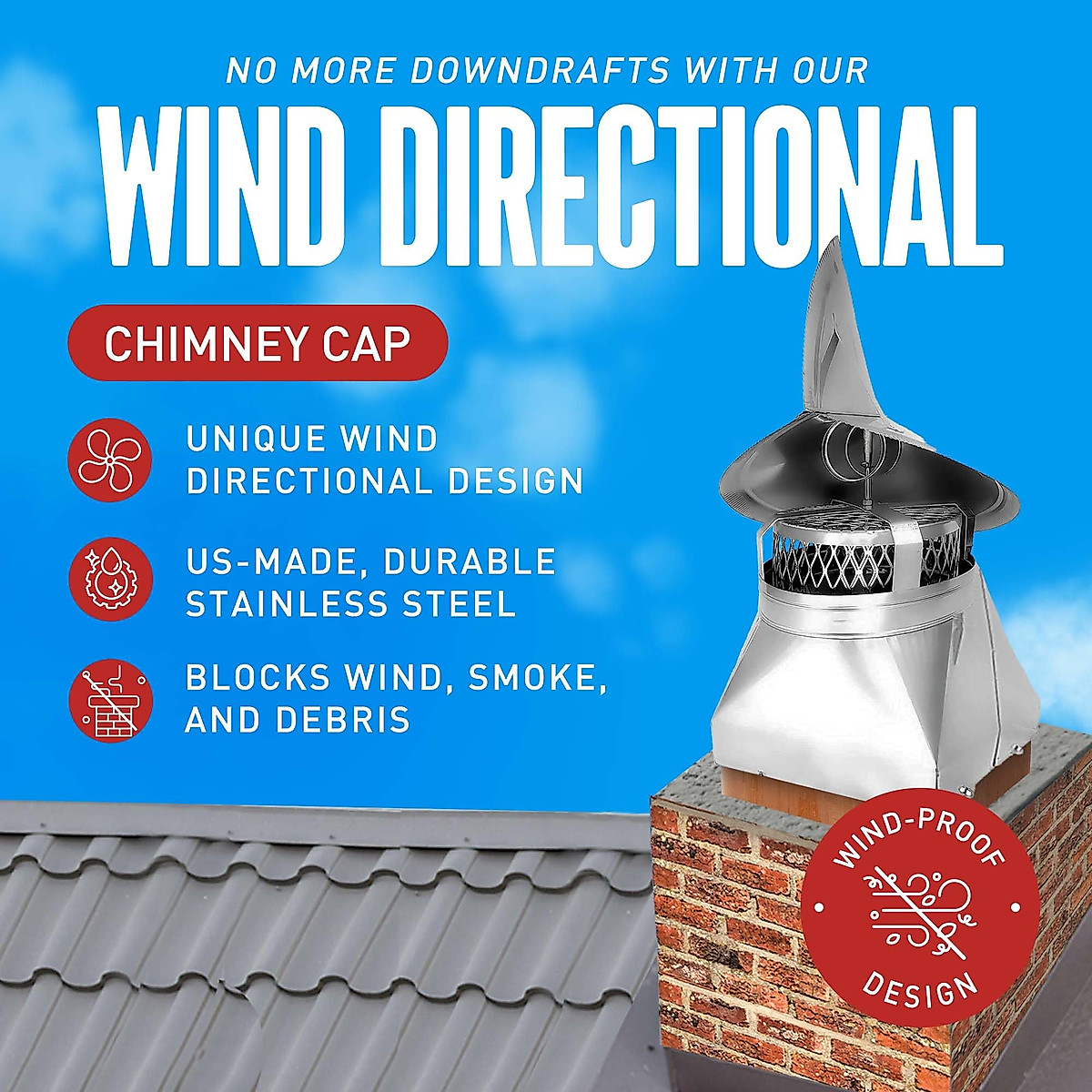 CHIMCARE Wind Directional Chimney Cap, 9" x 9” High-Grade Stainless Steel Cap for Single Flue Tile, Downdraft Prevention, USA Made