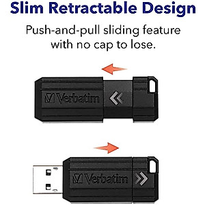 Verbatim 64GB PinStripe Retractable USB 2.0 Flash Thumb Drive with Microban Antimicrobial Product Protection – Black
