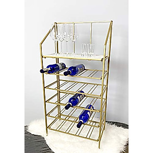 Designstyles 25 Wine Bottle Holder - Decorative Mini Bar Stand with Marble Table Top - Gold Metal Free Standing Home Wine Rack Organizer for Storage and Display in Kitchen, Pantry