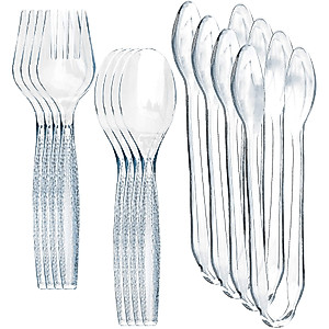 Prestee 15 Piece Transparent Plastic Disposable Serving Utensils Set - 10" Spoons, Tongs, Forks - Disposable Serving Trays and Platters for Kitchen Dining, Buffet Cutlery Sets, Serving Trays (15pk)