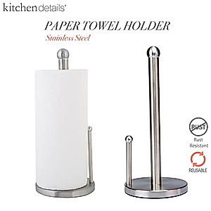 Kitchen Details Countertop Single Tear Paper Towel Holder, Free Standing, Weighted Bottom, Holds Standard Rolls, Dispenser Bar Prevents Unraveling, Stainless Steel