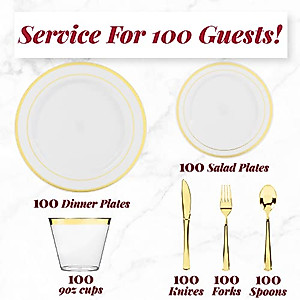 600 Piece Gold Dinnerware Party Set (100 Guest), 100 Dinner Plastic Plates, 100 Salad Gold Plates, 100 Gold Plastic Silverware Set, 100 Gold Plastic Cups Disposable Party Pack Wedding Birthday Parties