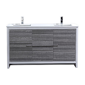 KubeBath Dolce 60″ Double Sink Ash Gray Modern Bathroom Vanity with White Quartz Counter-Top