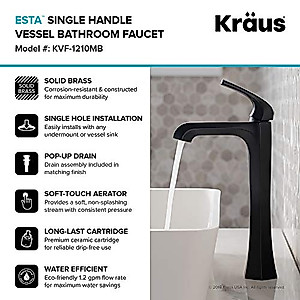 Kraus KVF-1210MB Esta Single Handle Vessel Bathroom Faucet with Pop-Up Drain, Matte Black