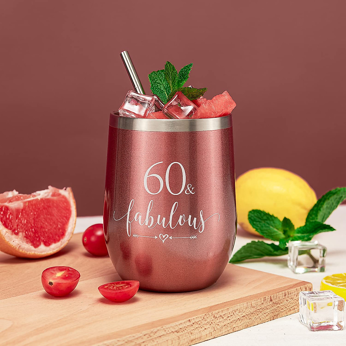 Crisky Rose Gold 60 & Fabulous Wine Tumbler for Women 60th Birthday Gifts for Women, Wife, Mom, Sister, Aunt, Friends, Coworker Her, Vacuum Insulated Coffee Cup,12oz with Box, Lid, Straw