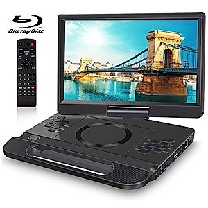 FANGOR 13.3 Inch Portable Bluray Player with 12" HD Swivel Screen, 5 Hours Rechargeable Battery and Remote Control, HDMI Out/AV in, Multi-Media Player, USB/SD Card, Last Memory