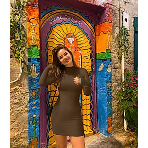 OQQ Women 2 Piece Dress Sexy Ribbed Mock Neck Long Sleeve Tummy Control Mini Dresses Black Coffee