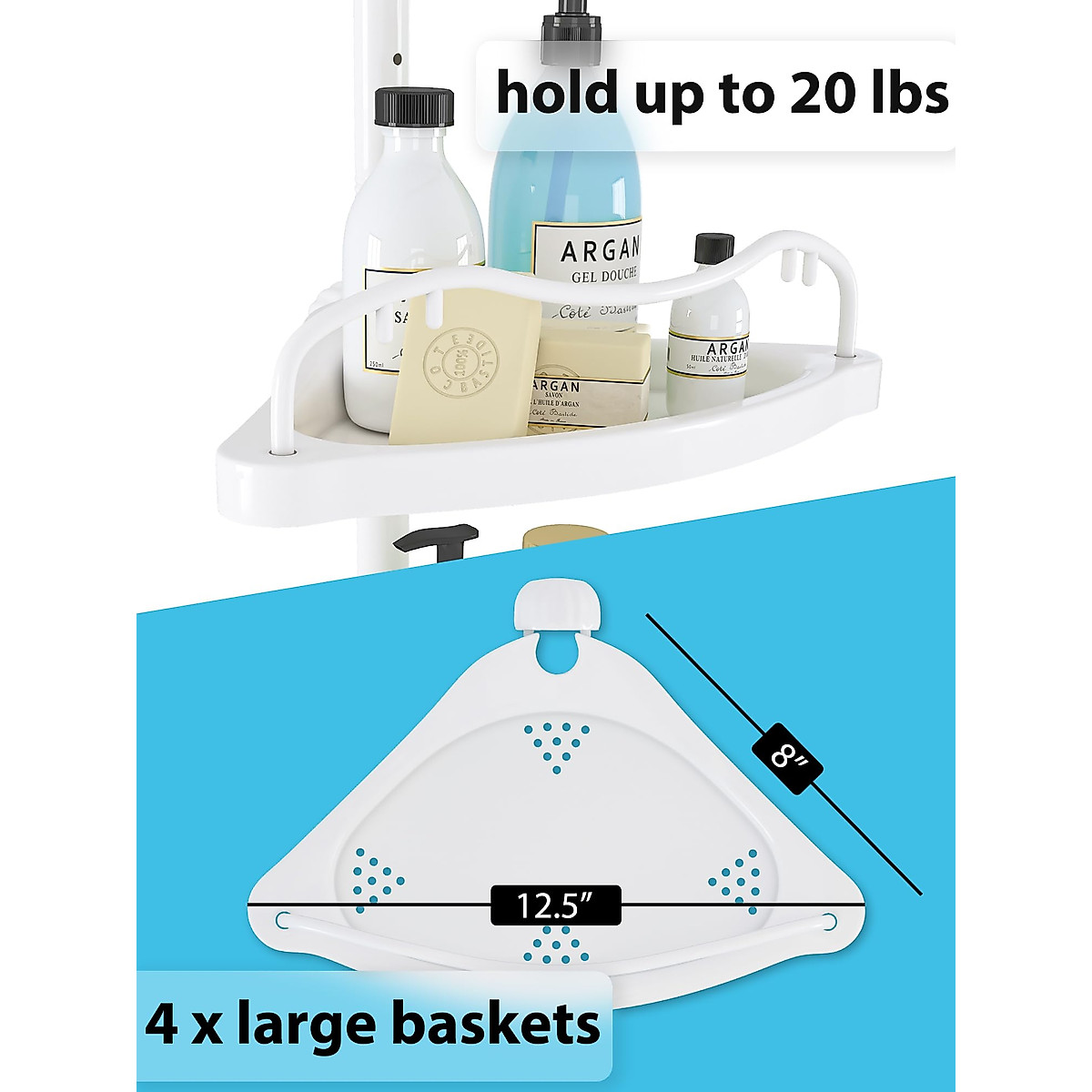 MIYA Adjustable Shower Caddy Corner Tension Pole, 4.5-9.5 FT Standing Corner Shower Organizer, 4-Tier Bathroom Storage Shelf for Inside Shower, Rustproof White Bathtub Caddies with Hooks, Drill Free