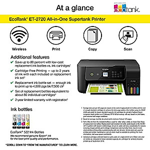 Epson EcoTank ET-2720 All-in-One Supertank Wireless Color Inkjet Printer for Home Office, Black - Print Scan Copy - 10.5 ppm, 5760 x 1440 dpi, Voice Activated, Borderless Photo Printing, Ethernet
