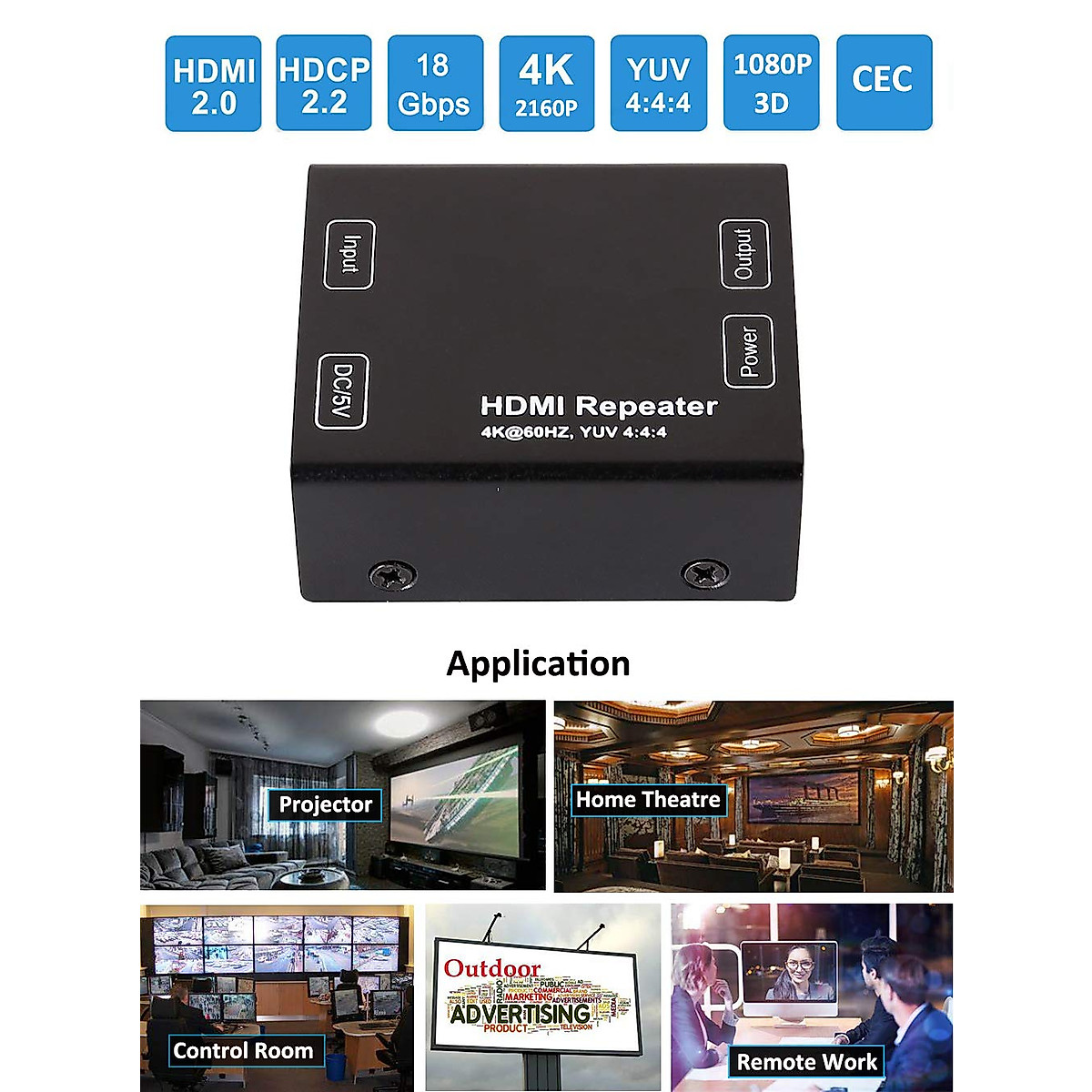 DTECH 4K2K HDMI 2.0 Signal Amplifier Booster Repeater 4K 60Hz YUV 444 18Gbps HDCP 2.2 CEC 3D 1080P Extender Boost up to 164 Feet Compatible with PS4 VR TV Box Blu-ray Player HDTV Monitor Projector
