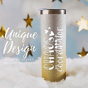 Onebttl Boss Lady Gifts for Women, Chaos Coordinator Tumbler for Boss, Secretary, Manager, Coworkers, Stainless Steel Skinny Tumbler 20oz with Lid and Straw, Glitter Silver & Gold