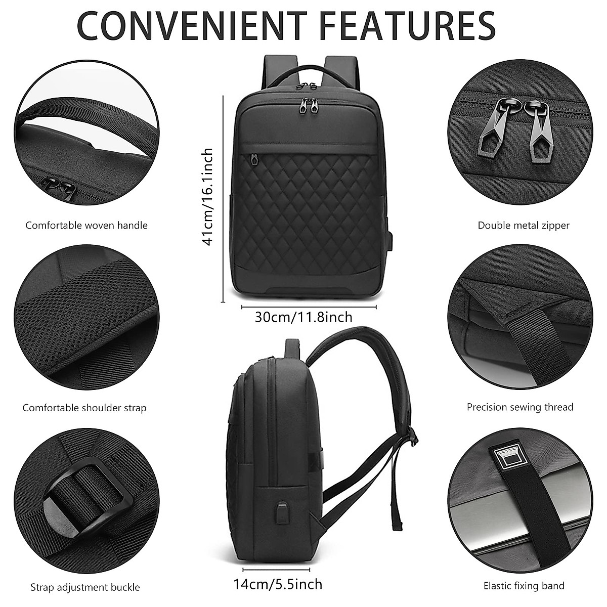 Xdalula 15.6 Inch Backpack Women Men Work Bag Fashion with USB Port, Waterproof Backpacks Nurse Stylish Travel Bags Casual Daypacks for, Business, Black