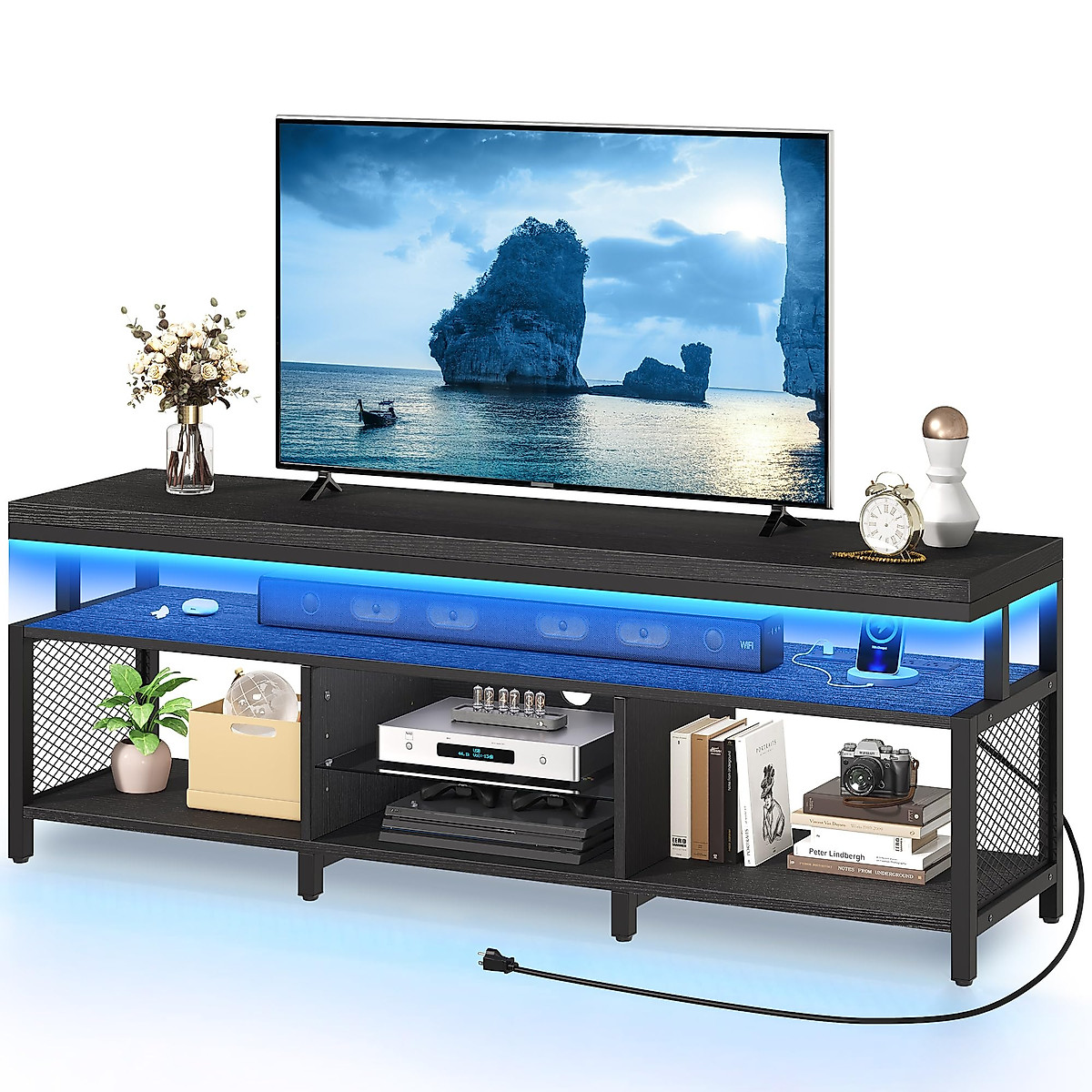 YITAHOME LED Television Stands w/Power Outlets for 70/65 inch, Modern Industrial TV Stand, Entertainment Center w/Open Storage TV Table, Entertainment Center for 360lbs for Living Room,Black