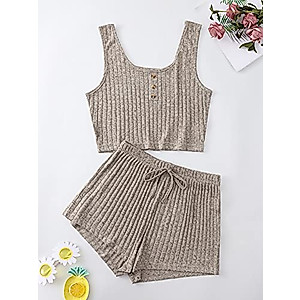 SheIn Women's 2 Piece Sleeveless Button Crop Tank Tops and Shorts Lounge Set Khaki Medium
