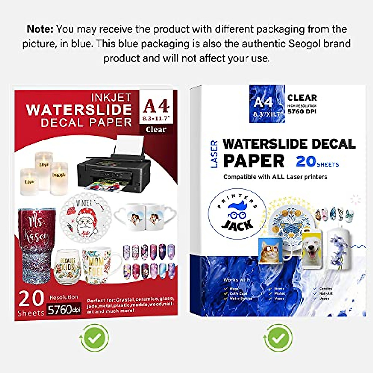 Waterslide Paper-20 sheet Inkjet Water Slide Paper,A4 Size clear waterslide paper for DIY Decals Gift Crafts Ceramics Candles and Custom Tumblers, waterslide decal paper (The packaging may be blue)