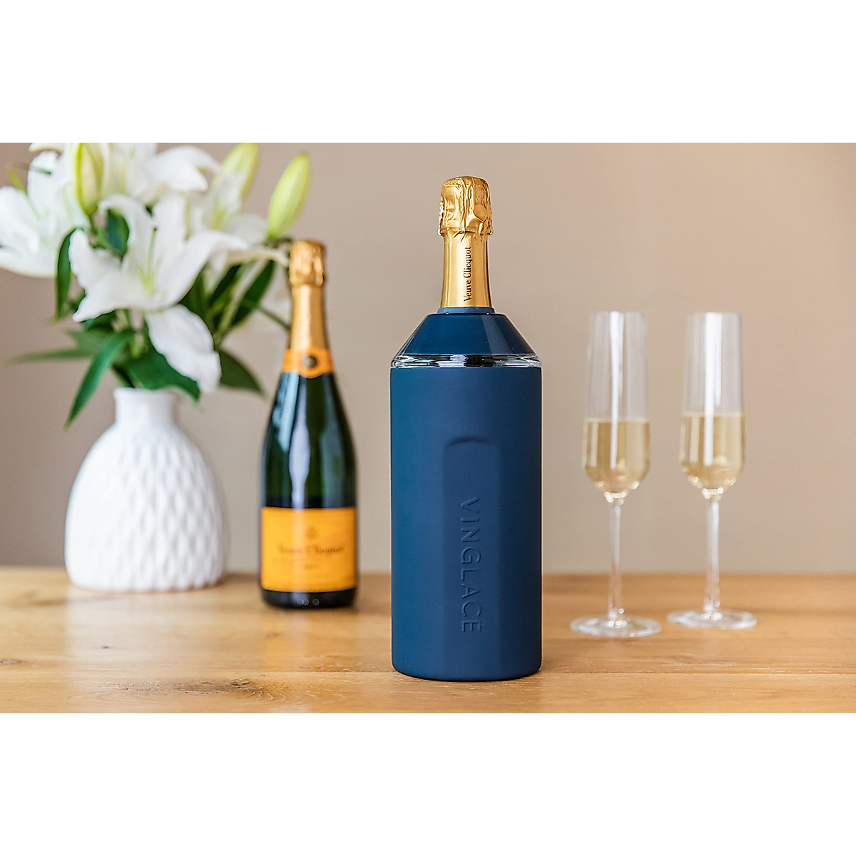 Vinglacé Wine Bottle Chiller Gift Set- Portable Stainless Steel Wine Cooler with 2 Stemless Wine Glasses, Navy