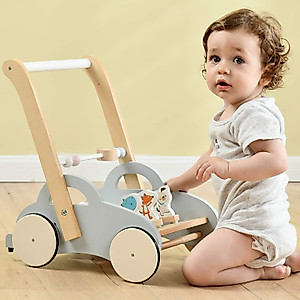 labebe Push Walker Stroller Toys,Pull Wagon for Kid,Gray Animal-Push Toy for Toddler, sit to Stand Learning Walker, 2-in-1 Activity Push Walker for Infant/Child, Wooden Play Wagon 4 Wheel Push Walker