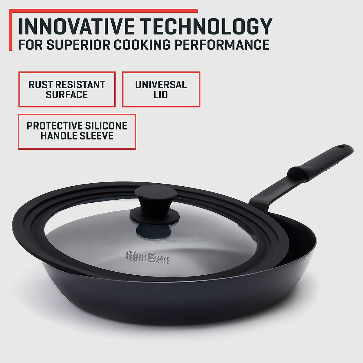 Uno Casa Carbon Steel 12 Inch - Non-Stick Blue Frying Pan with Universal Lid, Quick Heating Skillet - Chef Pan with Removable Silicone Handle