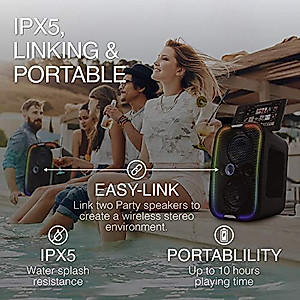 Brookstone Big Blue Go 60 Watt Wireless Indoor Outdoor Portable Speaker, Built in Qi Charging Pad, LED Light Show, Bluetooth 5.0, IPX5 Water Resistant, Tap to Link Multiple Speakers, Karaoke Mic Input