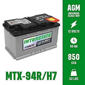 Interstate Batteries Automotive Battery 12V 80Ah (Group Size H7, 94R) 850CCA SLI AGM Automobile Replacement Battery for Cars, SUVs, Sedans, Trucks (MTX-94R/H7)