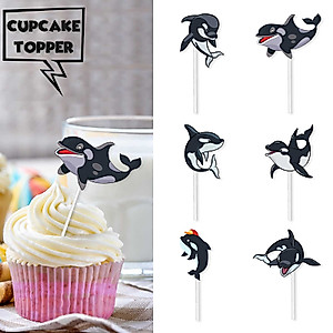 18pcs Black Glitter Dessert Cupcake Nautical Ocean Killer Whale Sea Creature Theme Decor Supplies Baby Shower Boys Girls Happy Birthday Party Decorations