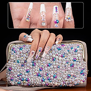 4000PCS Flatback Rhinestones and Half Round Pearls Kit #1, Multi Size Glass Clear & AB Crystals, Plastic Flat Back White AB & Beige AB Dome Bead with Pickup Pencil and Tweezer for Nail Art