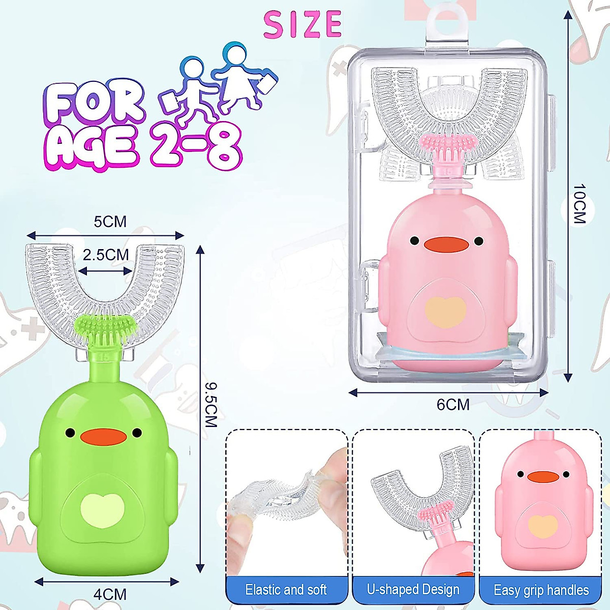 AMZVIO 2Pack U shaped toothbrush kids,Toddler Toothbrush 4PCS Replaceable Silicone Food Grade Brush Heads,Childrens Whole Full Mouth Tooth Brush for Kids Toothbrushes Age 2-8(Pink+Green)