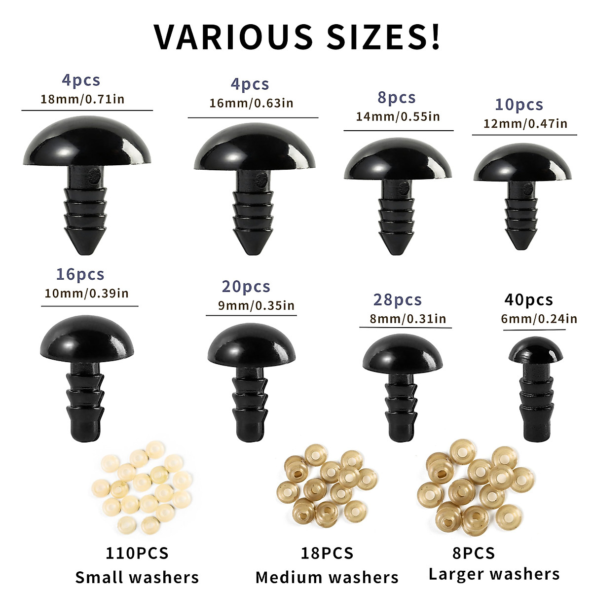 XKDOUS 260PCS Plastic Safety Eyes with Washers, 6-18 mm, 8 Sizes Safety Eyes for Crochet Crafts, DIY Crafts, Stuffed Animals