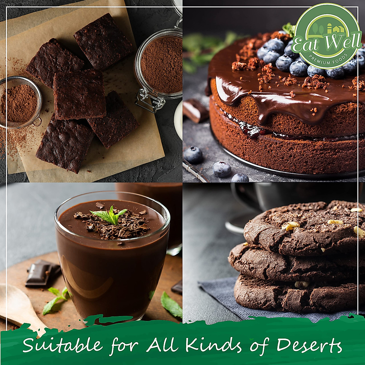 Eat Well Premium Unsweetened Cacao Powder - 32 oz | Dutch Processed Cocoa Powder | Pure Dark Chocolate Powder for Baking & Drinking | 100% Natural Unsweetened Powdered Cocoa | Raw & Vegan Friendly