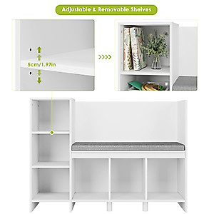 HOUSUIT 43.3" Kids Reading Nook Bench, Nursery Bookshelf and Bookcase with Seat Cushion, 6-Cubby Book Shelf Storage Organizer for Playroom, Bedroom, Living Room, Entryway, White