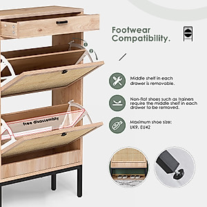 Yechen Shoe Rack Storage Organizer with 2 Natural Rectangular Rattan Doors, Entryway Wooden Shoe Cabinet for Sneakers, Leather Shoes, High Heels, Slippers (1 Piece, Oak)