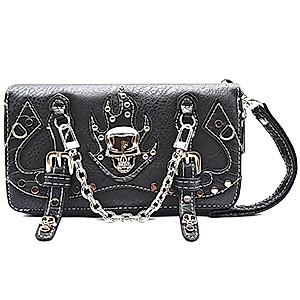 WESTERN ORIGIN Punk Gothic Skull Chain Crossbody Handbag Removable Strap Purse Women Single Shoulder Bag/Wallet Black