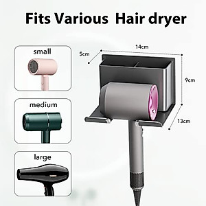susswiff Hair Dryer Holder, with Caddy and Plug Hook, Metal Blow Dryer Holder Wall Mount, Self-Adhesive Extra Sticky, Hair Rack for Hair Care Product, Small Straightener Curling Iron Hot Tool, Grey