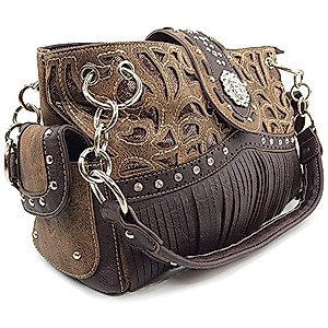 Justin West Rhinestone Concho Western Laser Cut Tooled Wristlet Wallet Shoulder Handbag Purse (Brown Purse and Wallet)
