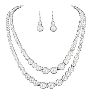 Unicra 1920s Gatsby Pearl Jewelry Set Vintage Crystal Bride Necklace Earrings Set Silver Pearl Multilayer Bridal Necklace Jewelry Accessories for Women and Brides