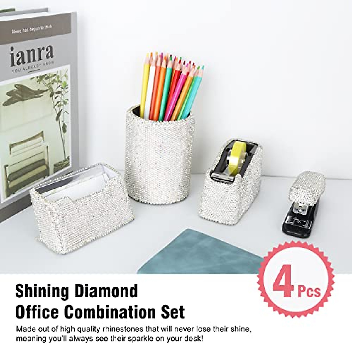 KEYPOWER Bling Crystal Luxury Handmade Diamond Pencil Pen Pot Holder & Stapler & Card Holder & Desktop Tape Dispenser Office Stationery Kit for Fashion Girls Women (White Round)